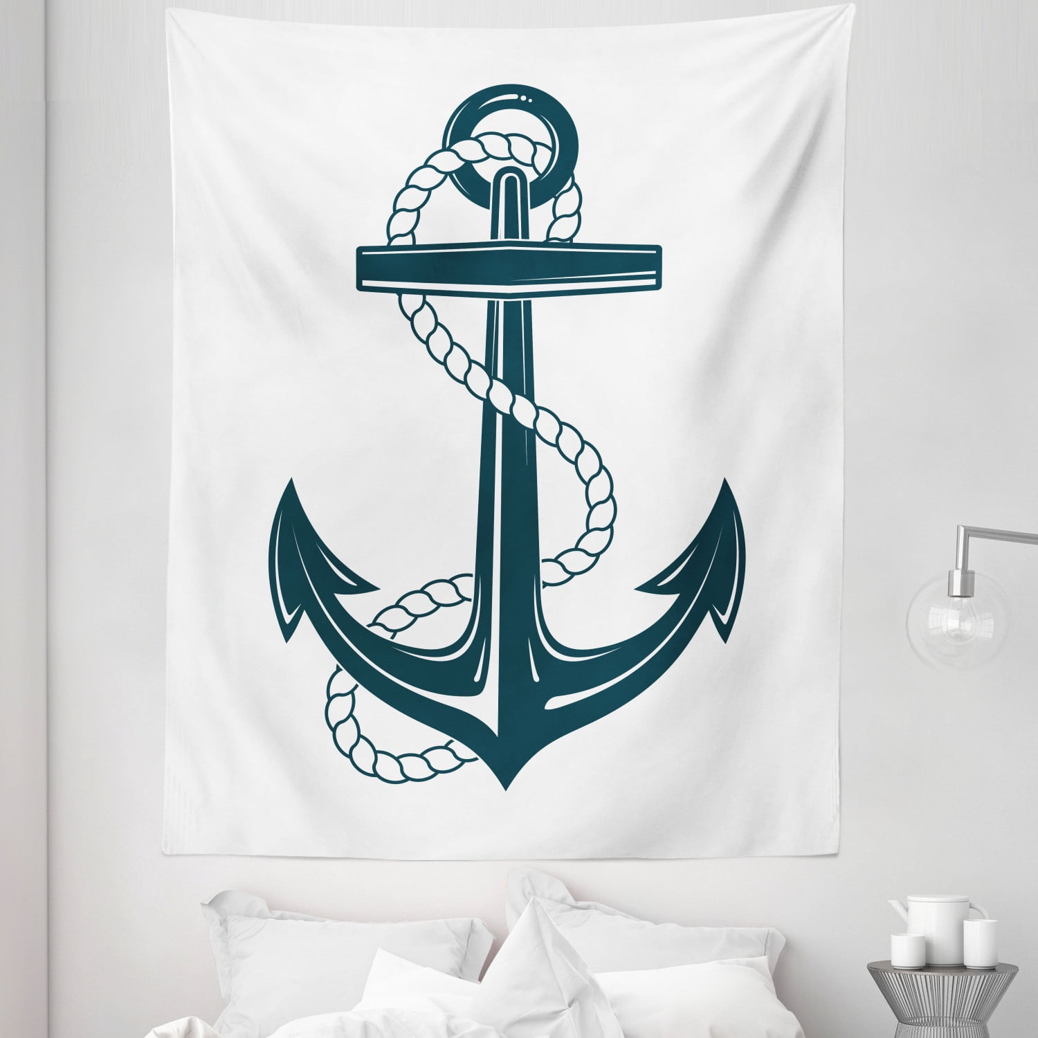 Navy White Tapestry, Iconic Symbol of Maritime Nautical Anchor with a ...