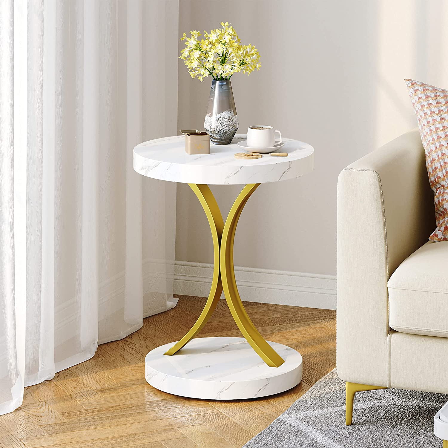 DEXTRUS Round End Tables Modern Gold Round Side Table with Faux Marble Top and Gold Metal Frame Small End Table Accent Table Nightstand for Living