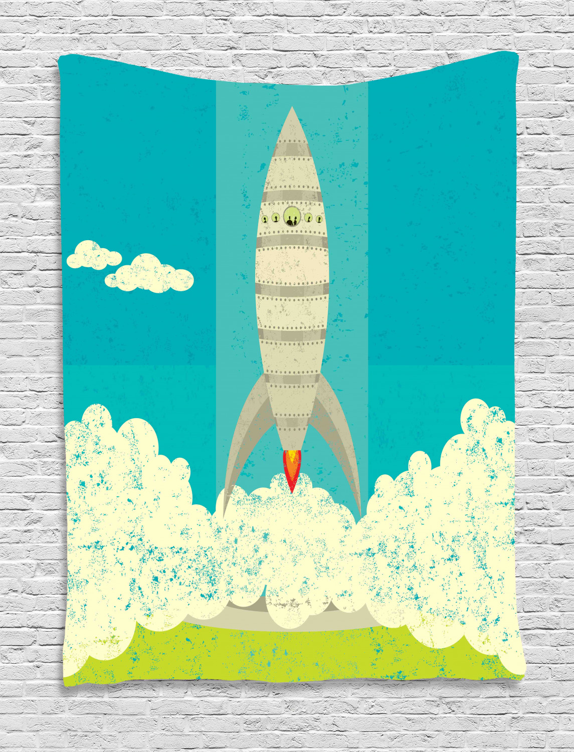 Rocket Tapestry, Grunge Style Flying Rocket Clouds Elements Clear Sky ...