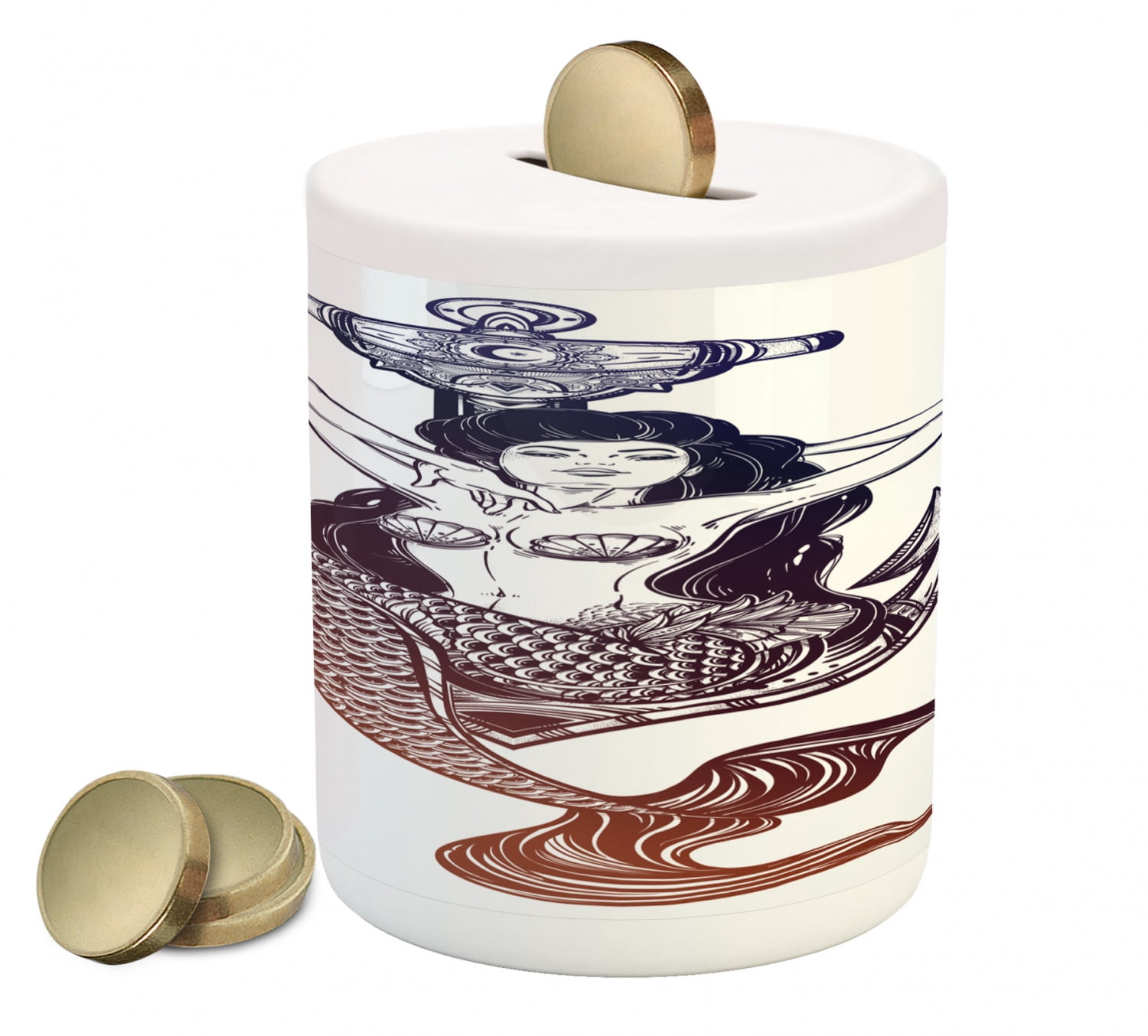 Anchor Piggy Bank, Sketch Style Mermaid with Seashells and Scales ...
