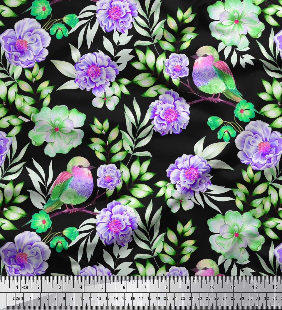 Soimoi Purple Japan Crepe Satin Fabric American Robin,Leaves & Flower ...