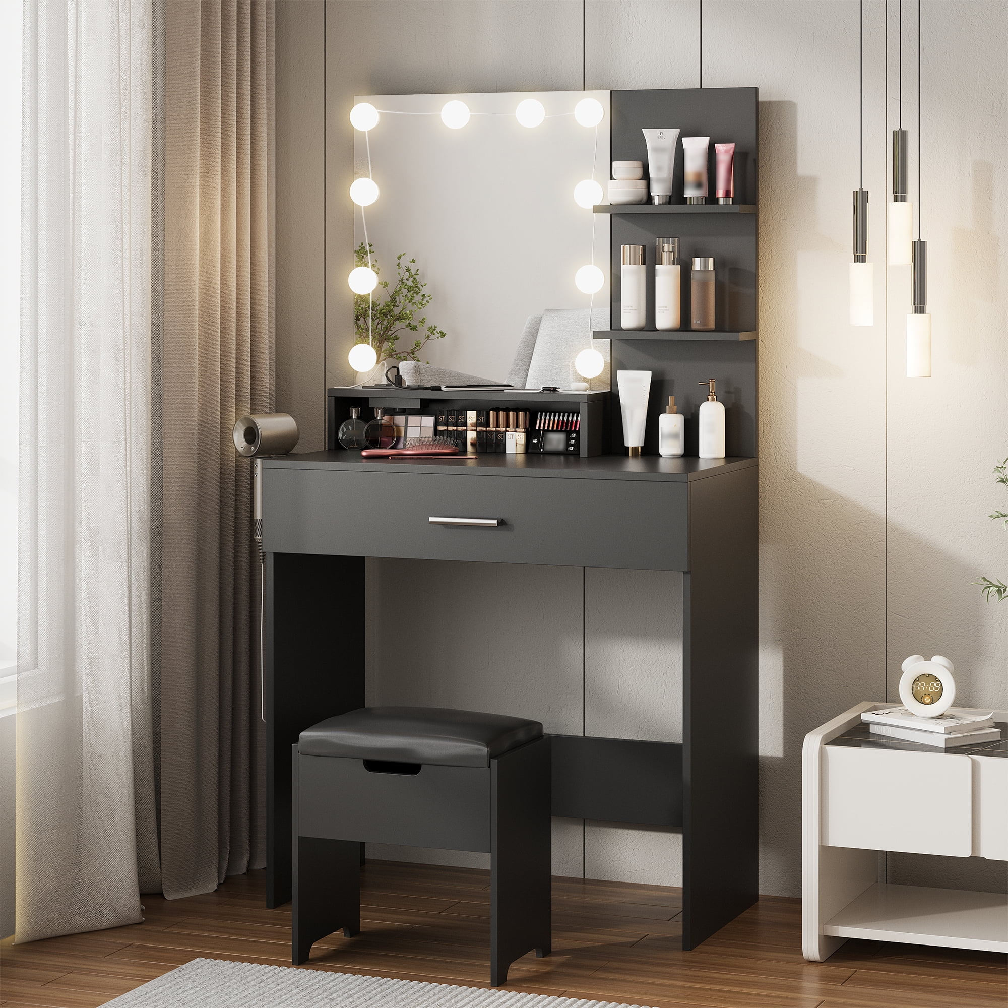 Vabches LED Lights Dressing Table Dressing Stool Table Set black ...