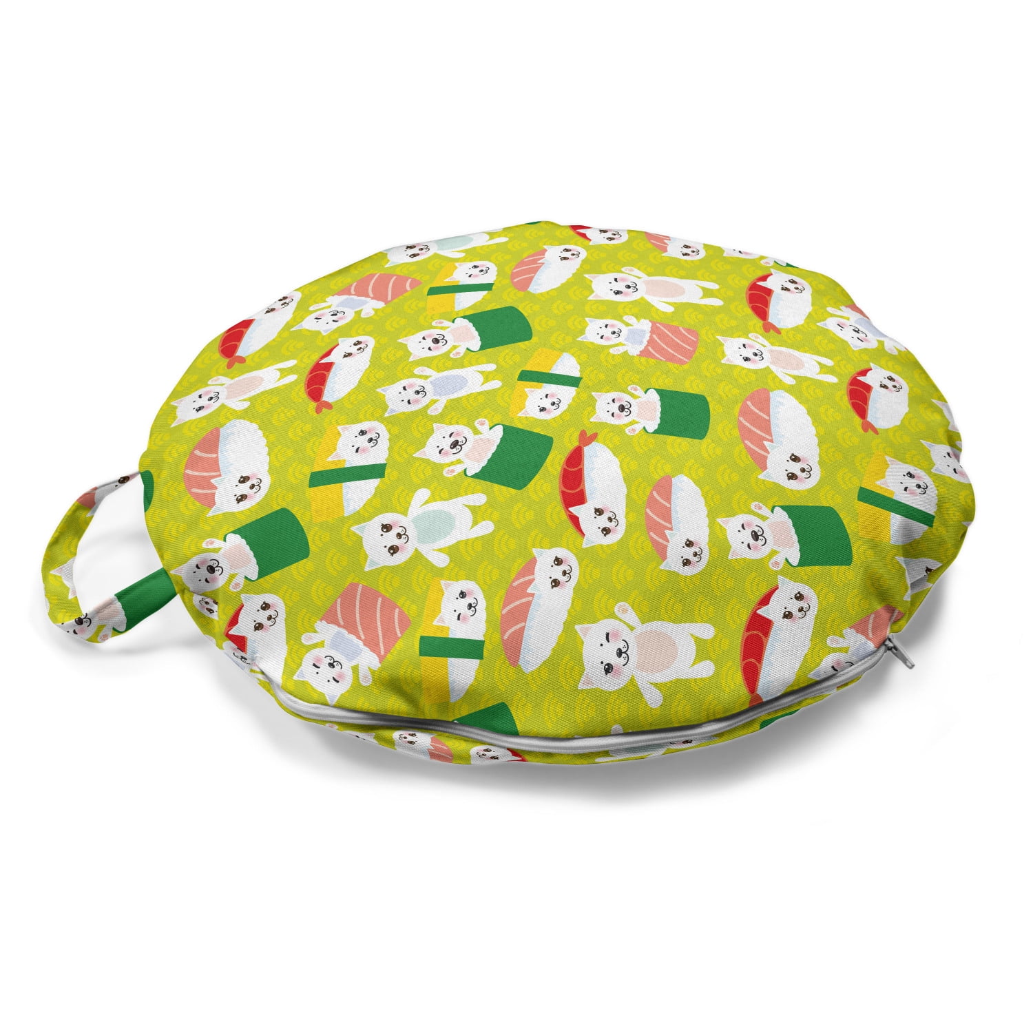 Kitten Round Floor Cushion with Handle, Sushi Cat Japanese Neko Wrap ...