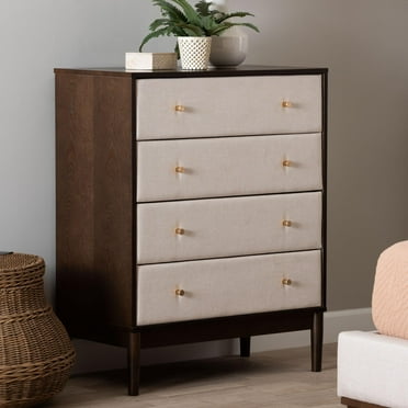 Baxton Studio Mid-Century Modern Ash Walnut Wood and Rattan 4-Drawer ...
