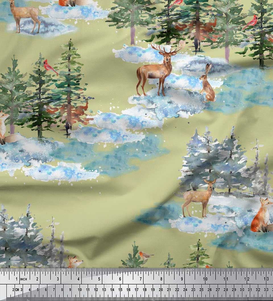 Soimoi Beige Moss Georgette Fabric Animals & Pine Tree Printed Craft ...