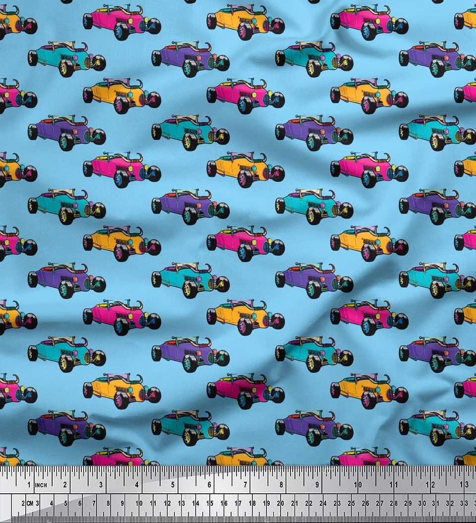 Soimoi Blue Rayon Fabric Colorful Cars Transport Print Fabric by the ...