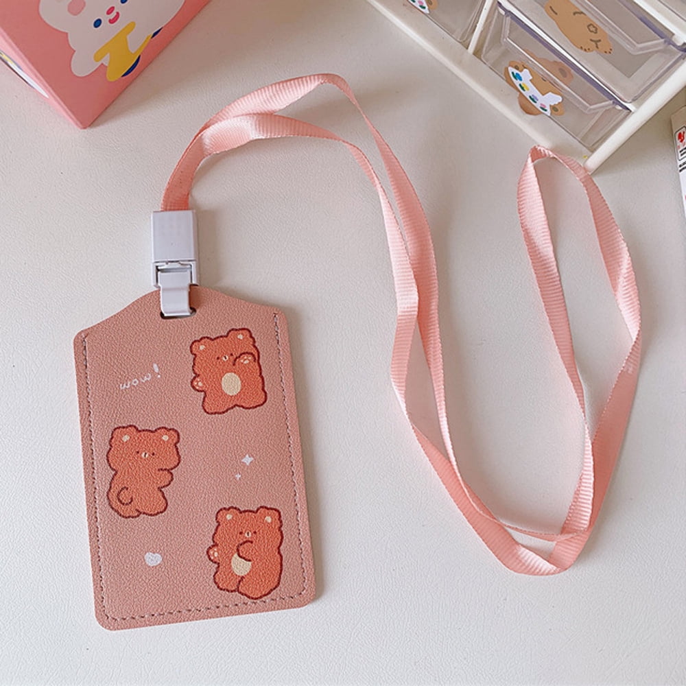 Girls Portable Bank Card Thin Leather Bear Bus Card Cover Lanyard Card ...