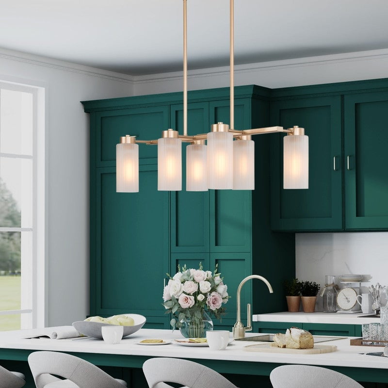 Mid-century Modern 6-Light Gold Linear Chandelier Glass Island Lights ...