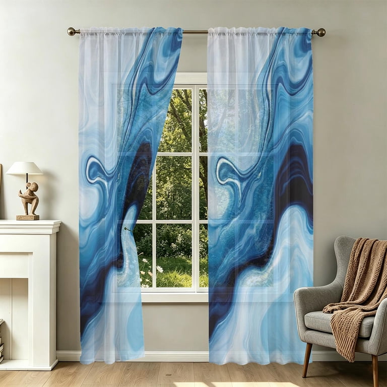 Blue and White Marble Pattern Sheer Curtains, Voile Drapes with Dual ...