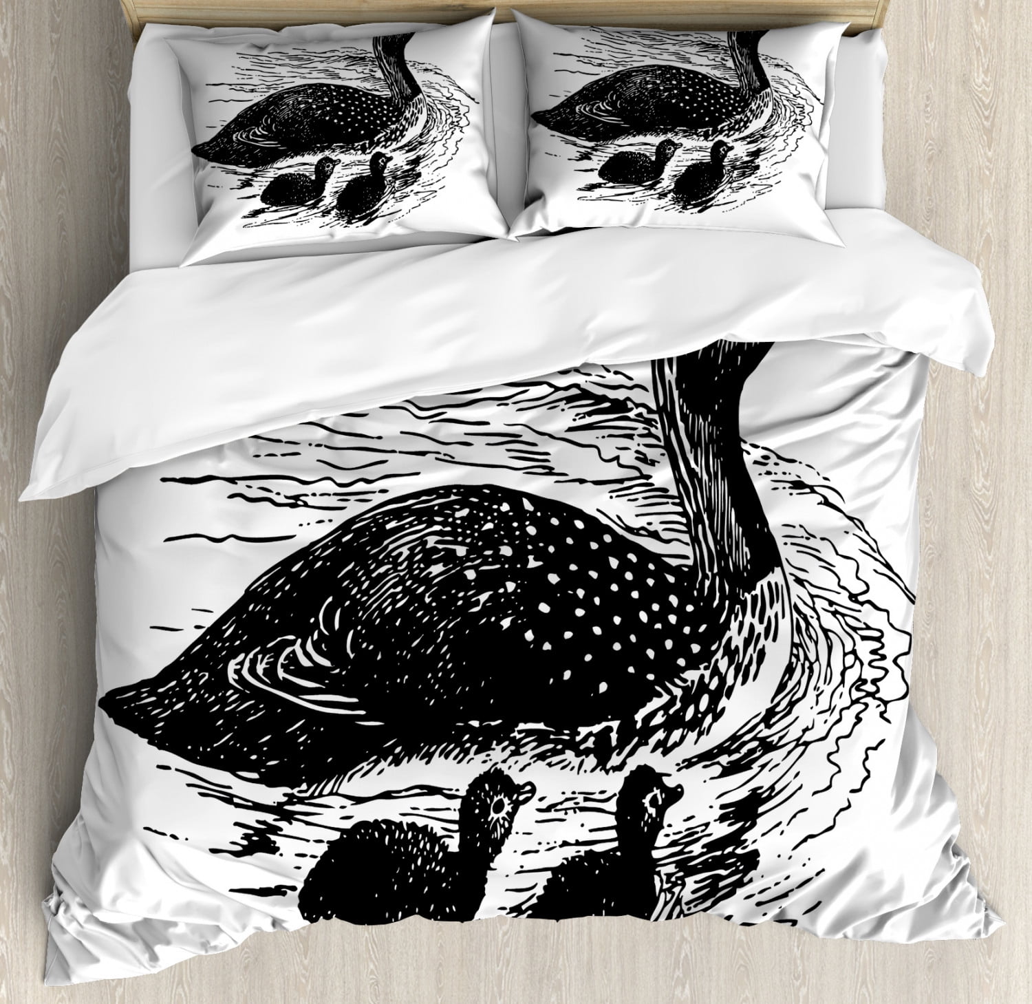 Loon Duvet Cover Set King Size, Hand Drawn Animalistic Family Sketch ...