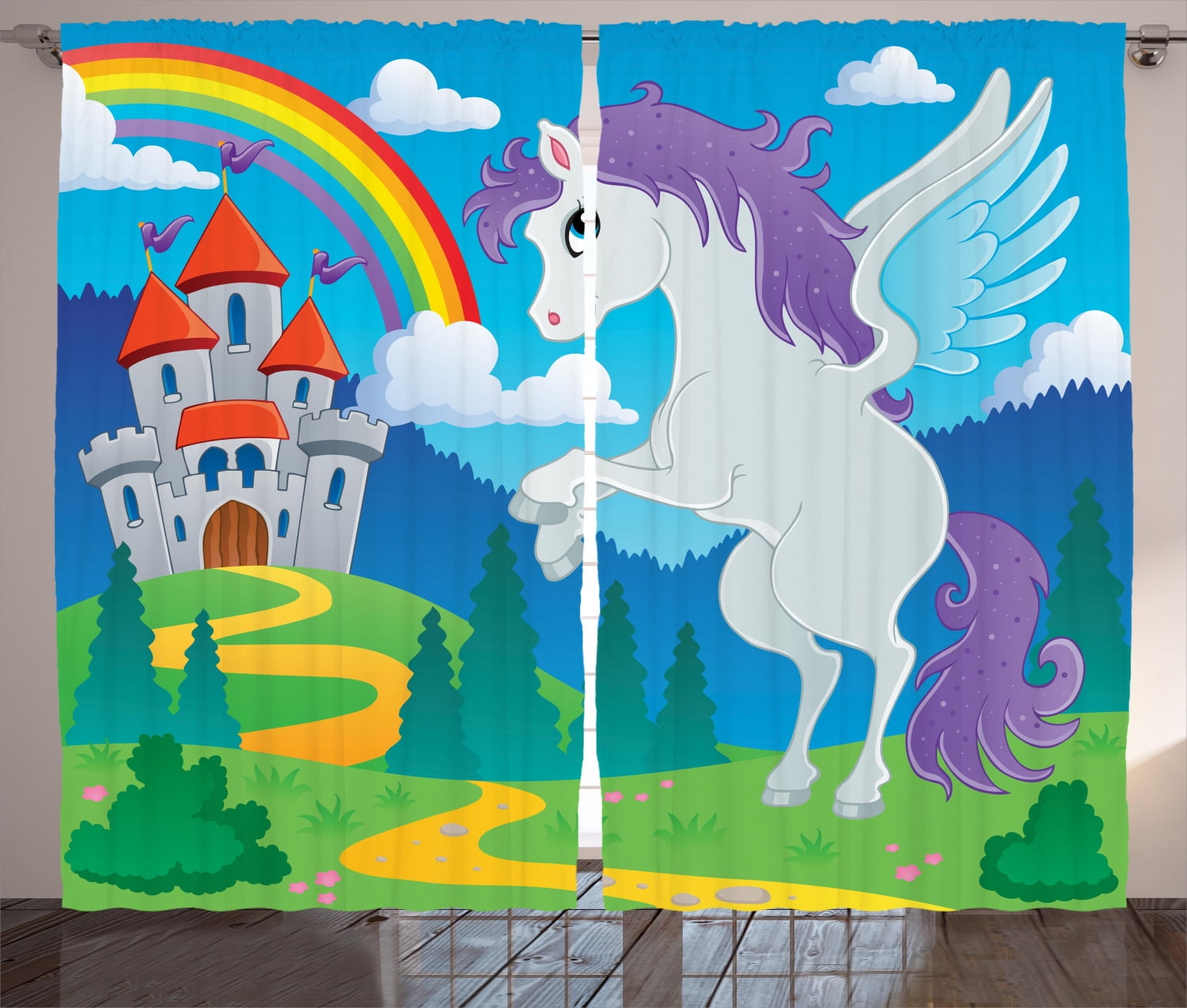 Kids Decor Curtains 2 Panels Set, Fantasy Myth Unicorn with Rainbow and ...