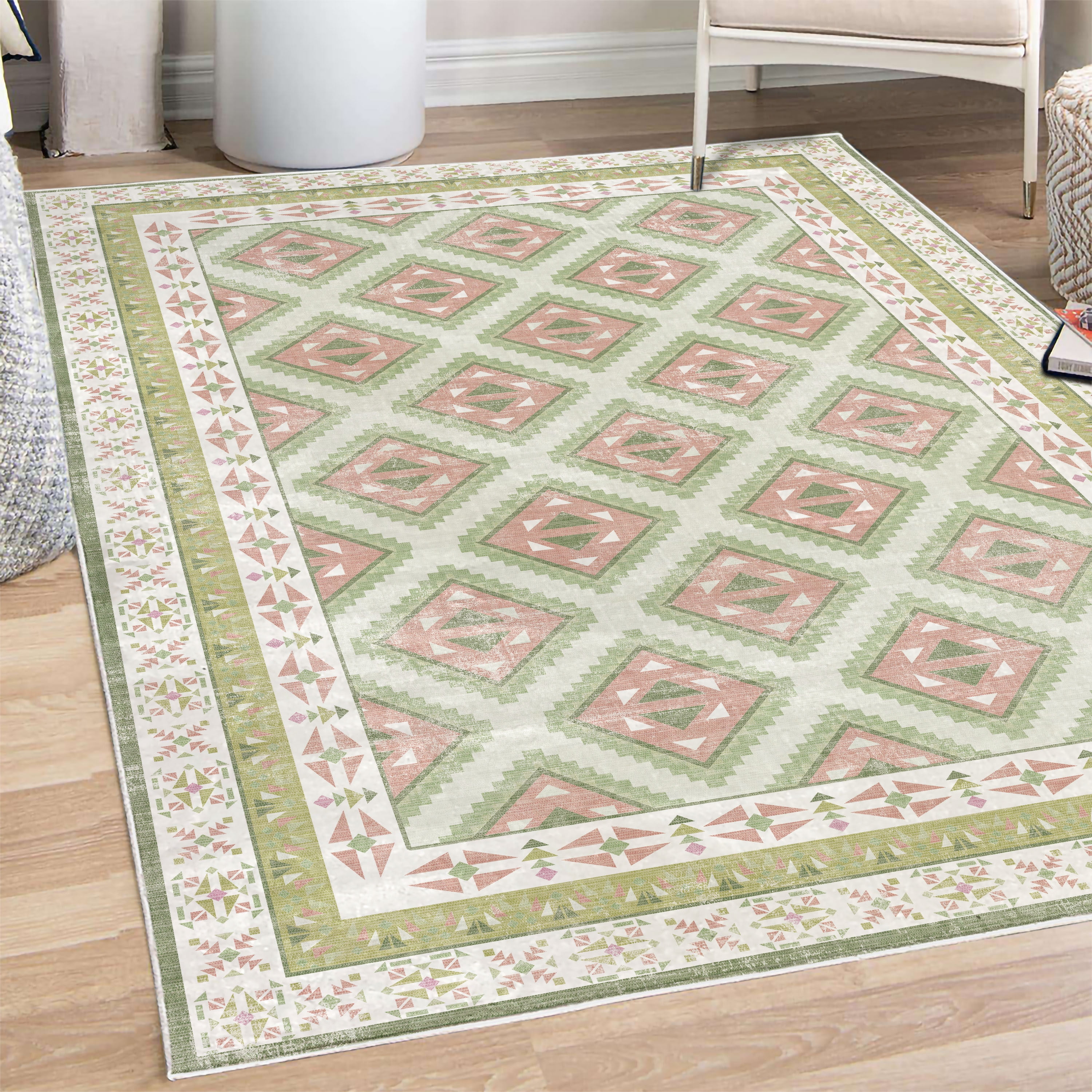 Geometric Decorative Rug, Ethnic Rustic Zigzagged Squares Folkloric ...