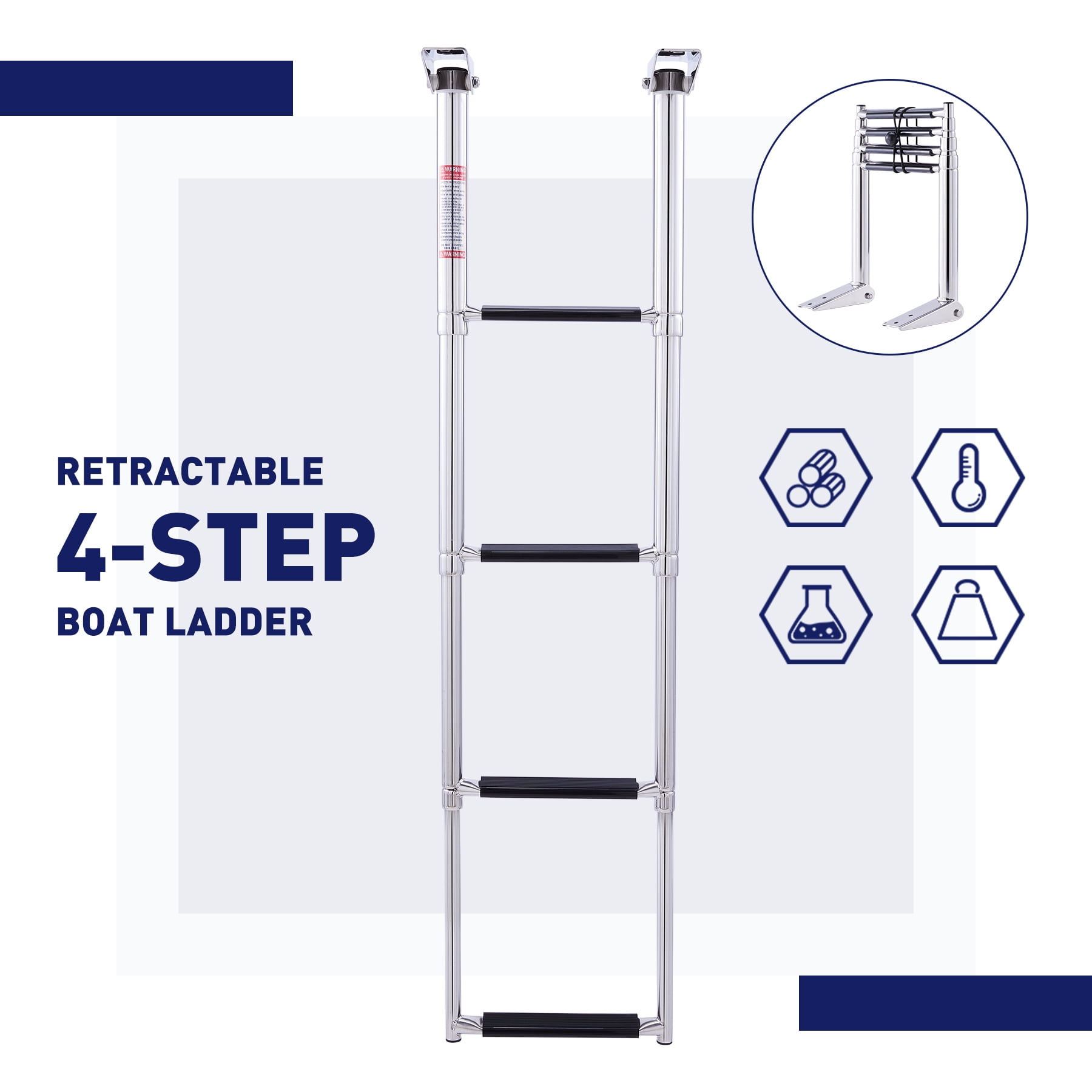 4-Rung Telescoping Boat Ladder w Flexible Mounts for Ship Pool Pontoon ...