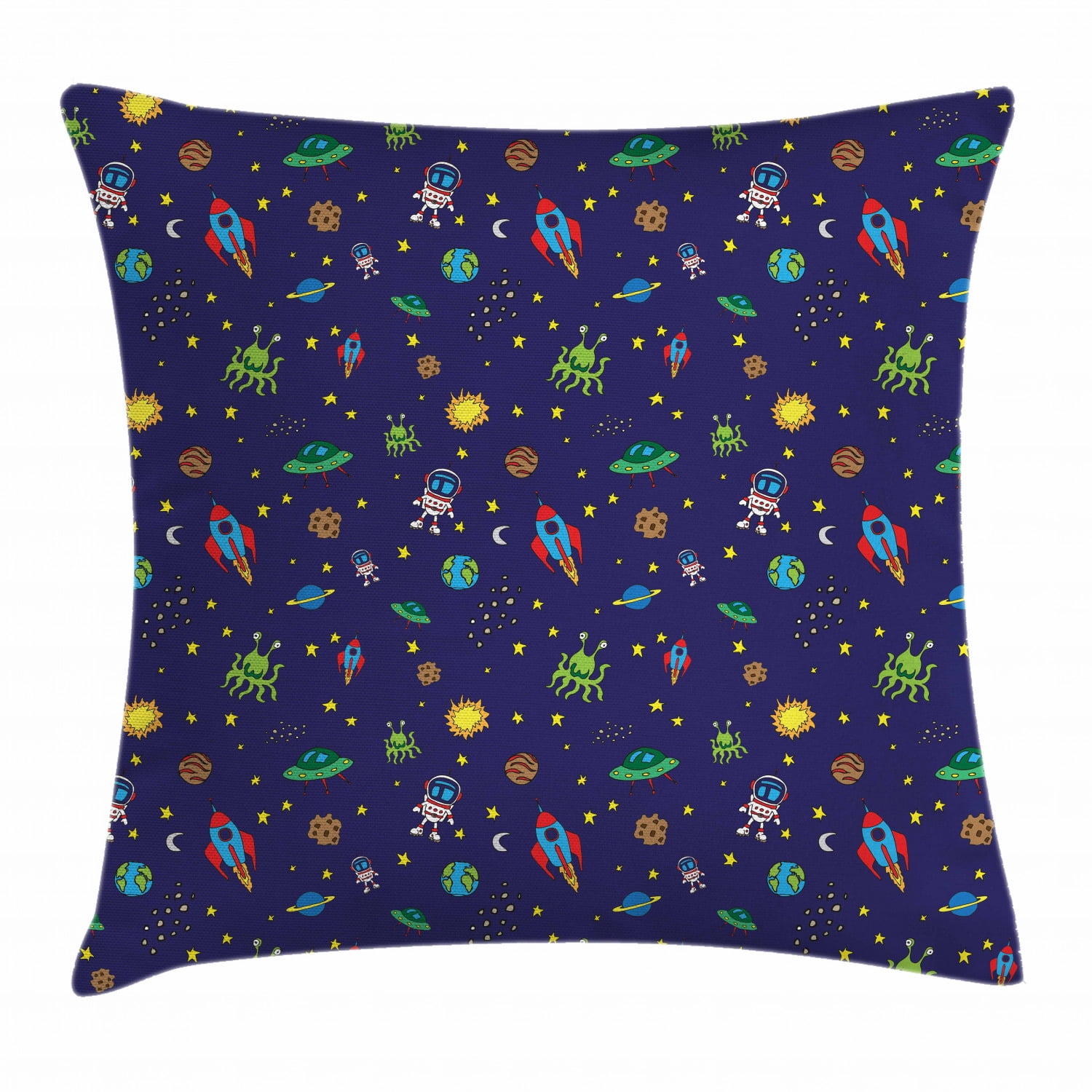 Space Throw Pillow Cushion Cover, Doodle Style Cartoon Rocket Astronaut ...