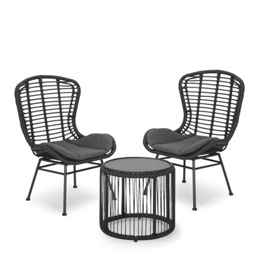 GDF Studio Izidro Outdoor Wicker and Glass 3 Piece Chat Set with ...