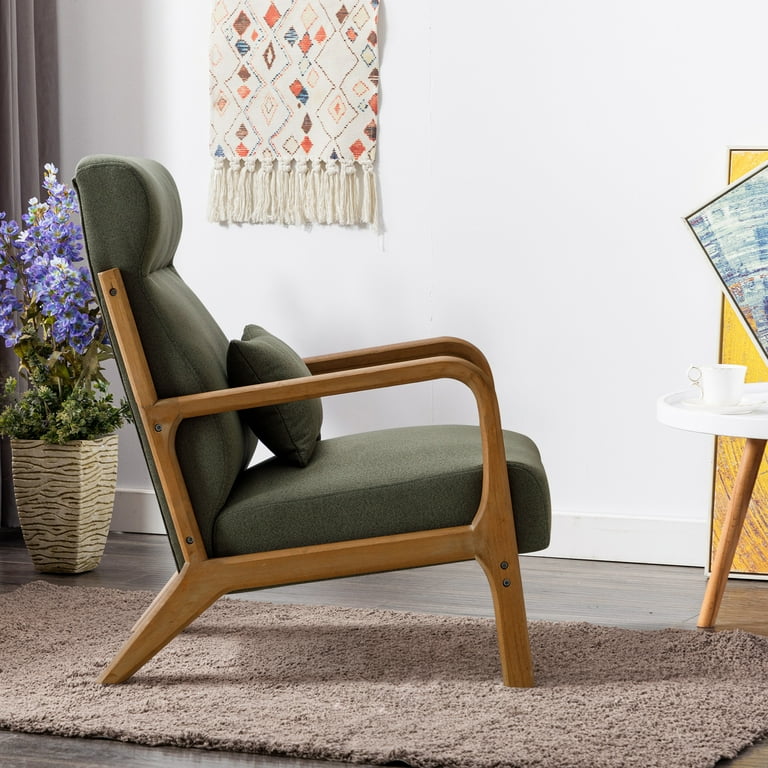 Bestier Mid Century Modern Accent Chair with High Back Upholstered Fabric Reading Armchair Wood Chair with Pillow and Waist Cushion Green Size One