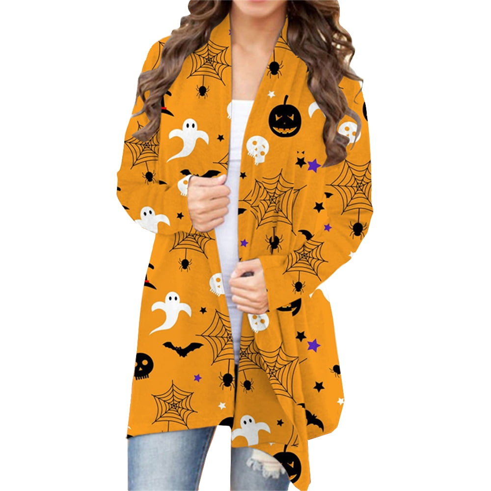 KZKR Women's Pumpkin Cat Cardigan Halloween Long Sleeve Open Front Knit ...