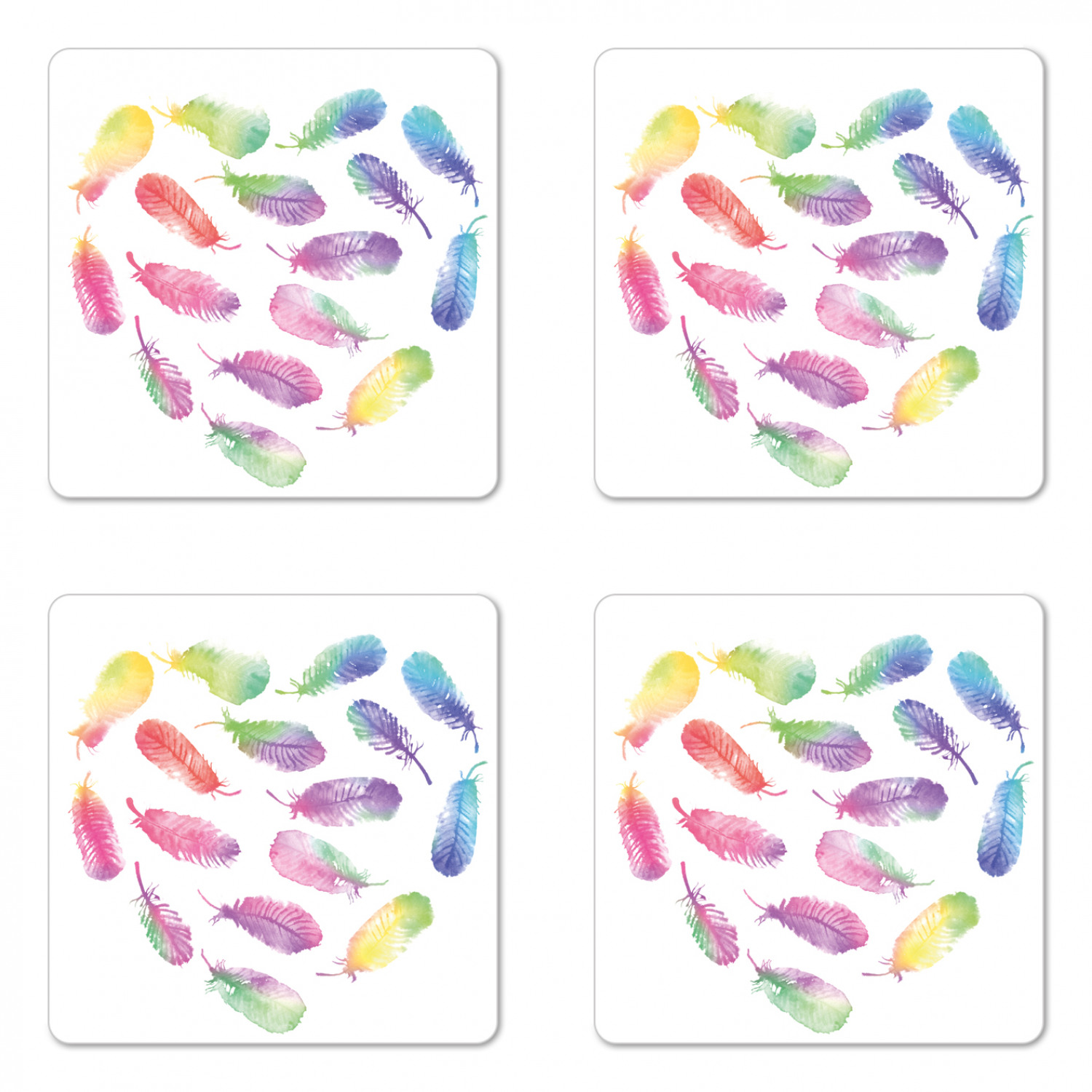Feather Coaster Set of 4, Fluffy Dreamy Pattern with Watercolor ...