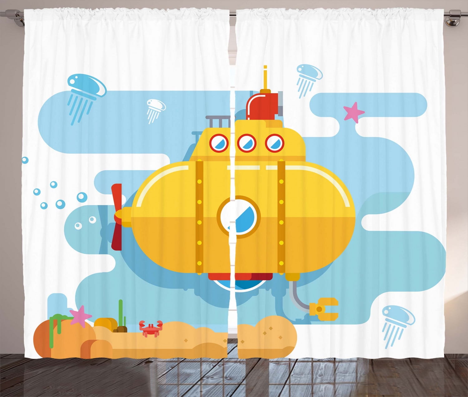 Yellow Submarine Decor Curtains 2 Panels Set, Submarine Underwater ...