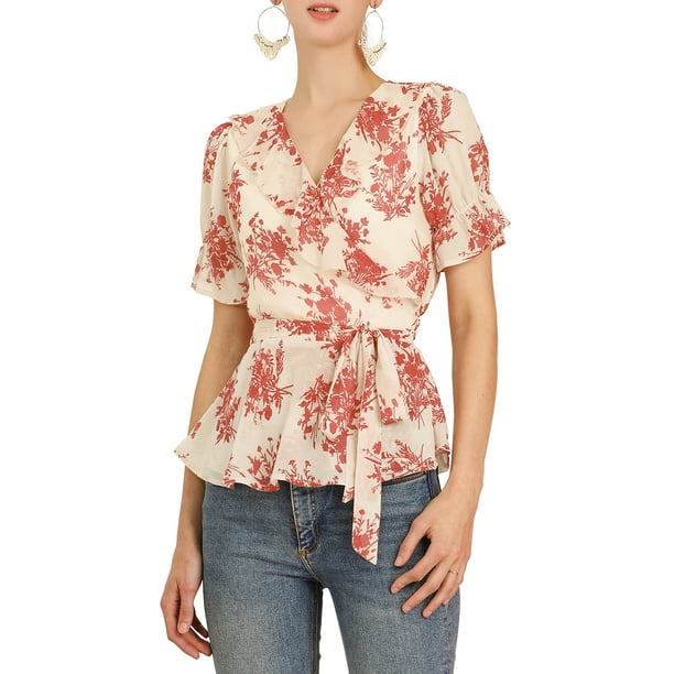 Allegra K Allegra K Womens Floral Print Tops Short Sleeves V Neck