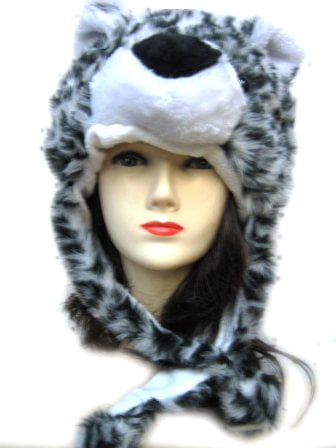Plush Black/White Leopard Animal Hat - Leopard Hat with Ear Flaps and ...