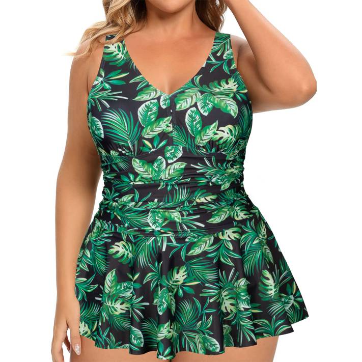 Womens Plus Size Ruched One Piece Swimdress Tummy Control Floral