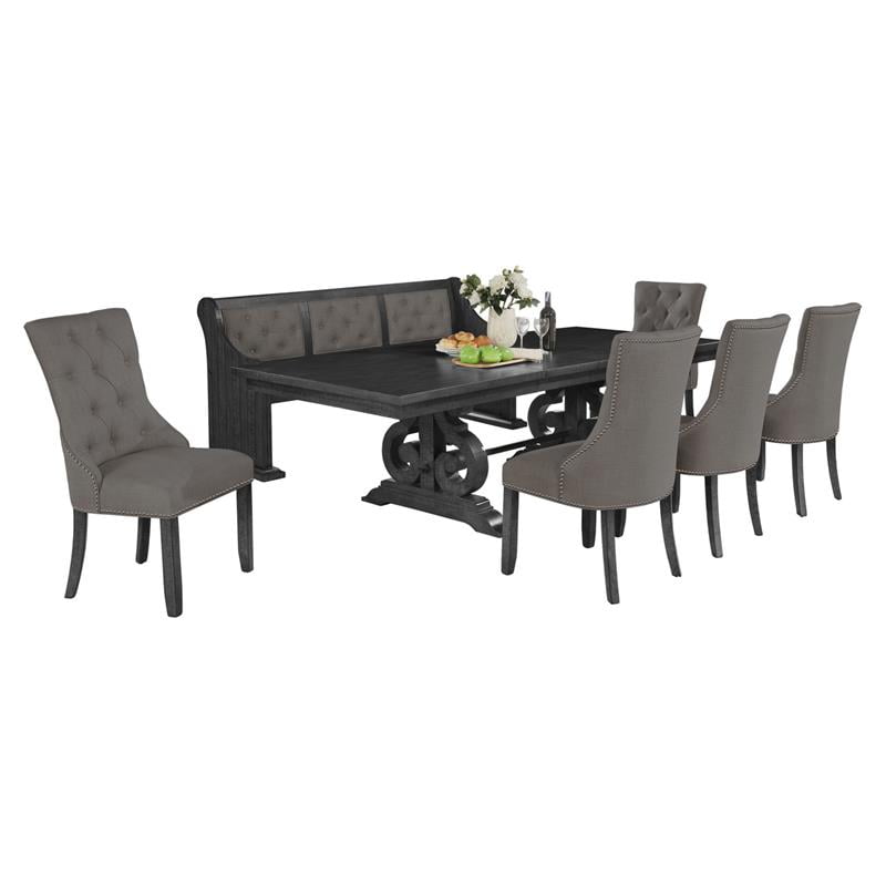 Dark Gray Wood Dining Set with Extendable Table + Gray Linen Chairs ...