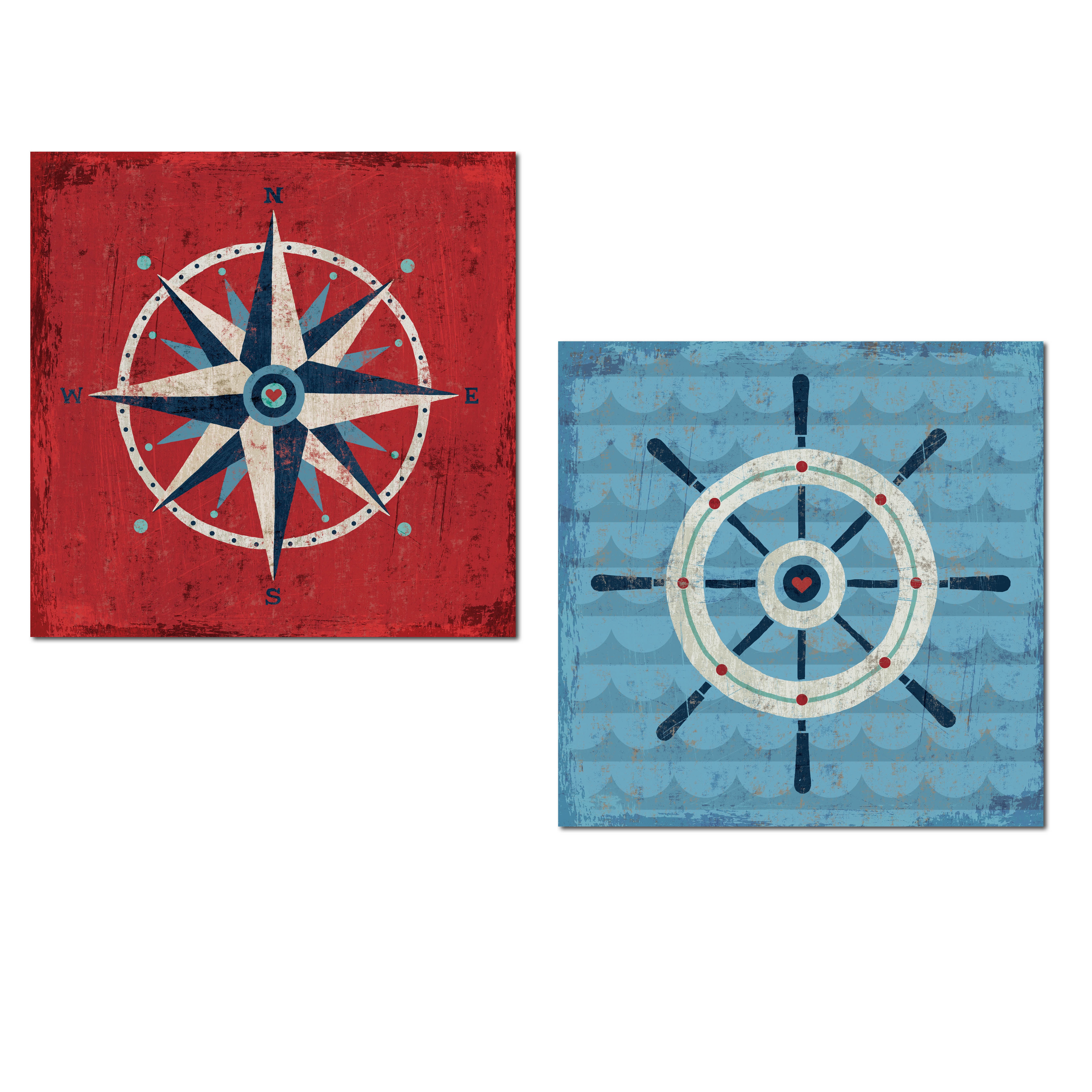 Nautical Red, Navy and Light Blue Compass and Captain's Wheel Set By ...