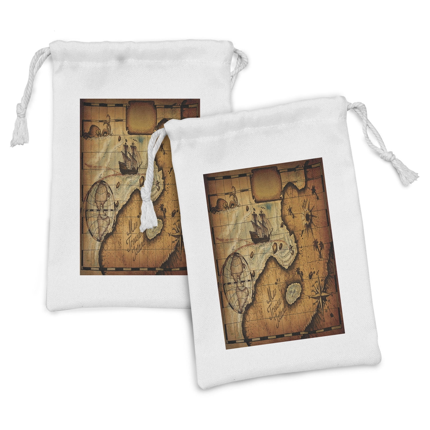 World Map Fabric Pouch Set of 2, Pirate Mapping of Treasure Island ...