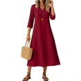 Byworldtasic Linen Dress Women V Neck Long 3/4 Sleeve Tunic Boho Maxi ...