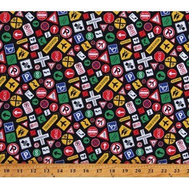 Cotton All Around Town Border Stripe Cars Vehicles Traffic Signs ...