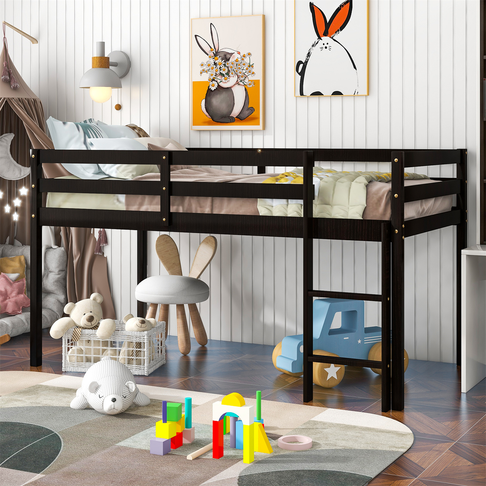 Twin Loft Bed, Solid Wood Low Loft Bed Frame with Ladder and Safety ...