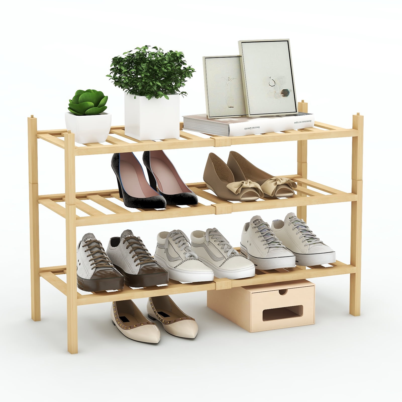 Quiqear Bamboo 3-Tier Shoe Rack, Shoe Storage Organizer for Closet, Up ...