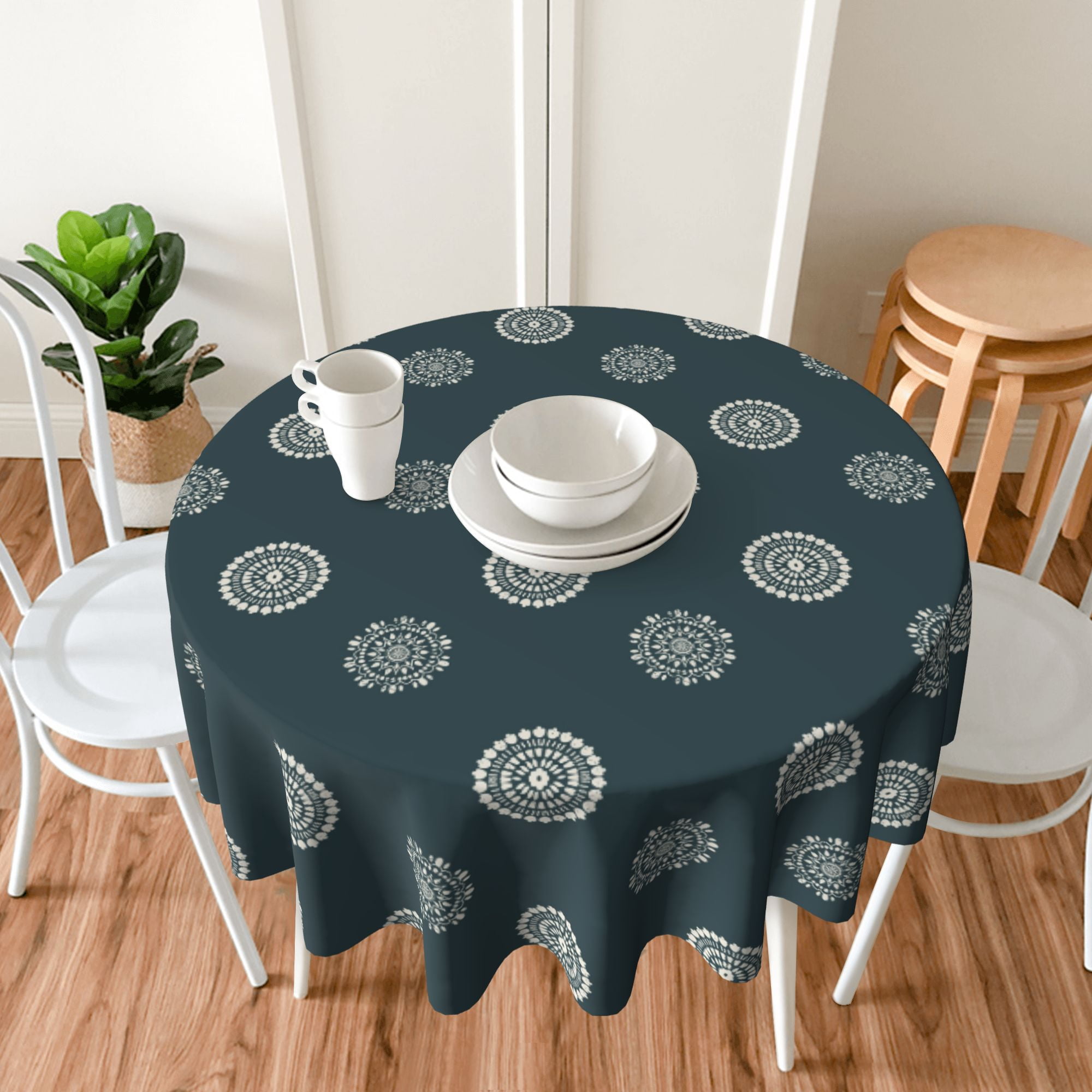 TEQUAN 60" Round Tablecloth, Bule Art Floral Background Pattern ...