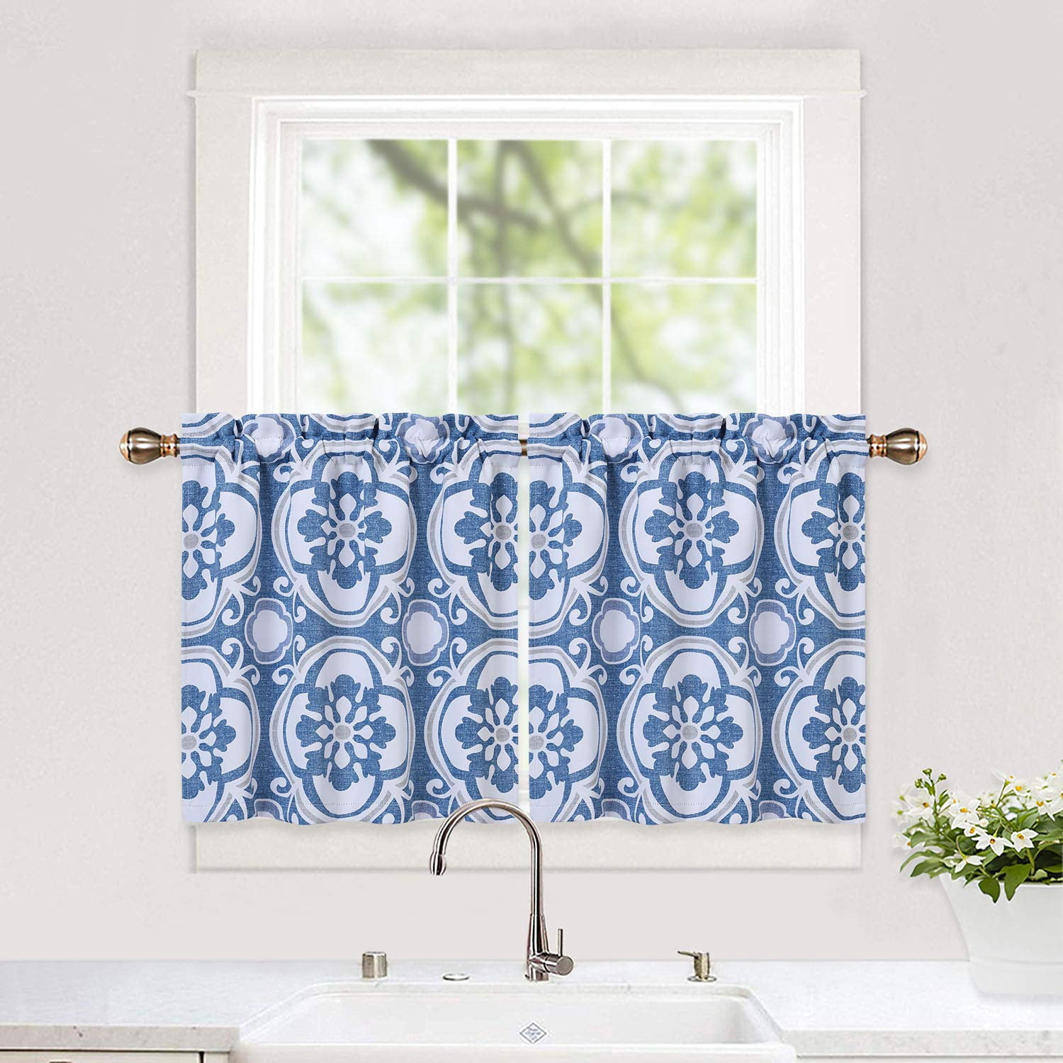 Shininglove Blue Cafe Curtains, Medallion Pattern Blackout Short Tier ...