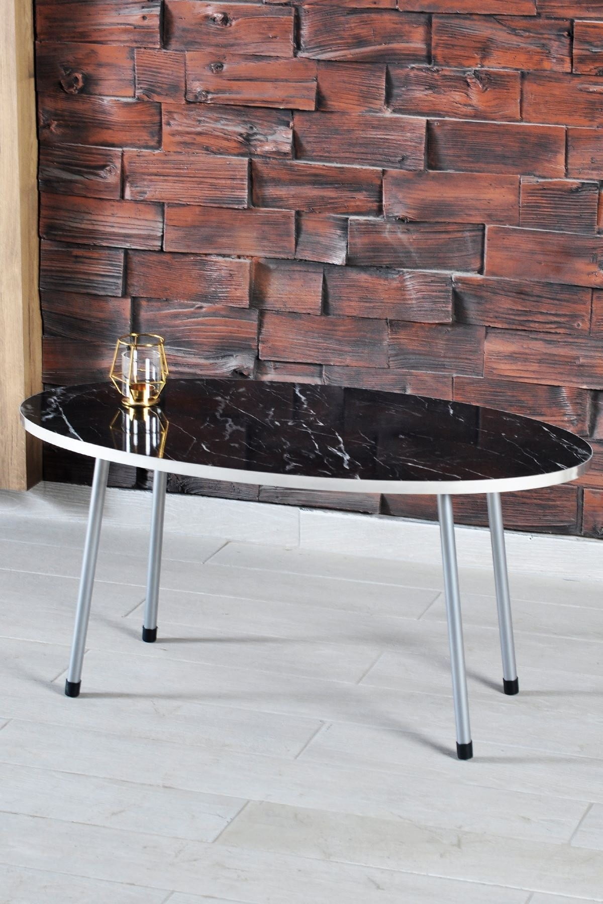 Black Marble Oval Coffee Table with 3-Rod Metal Legs,Faux Marble Coffee ...