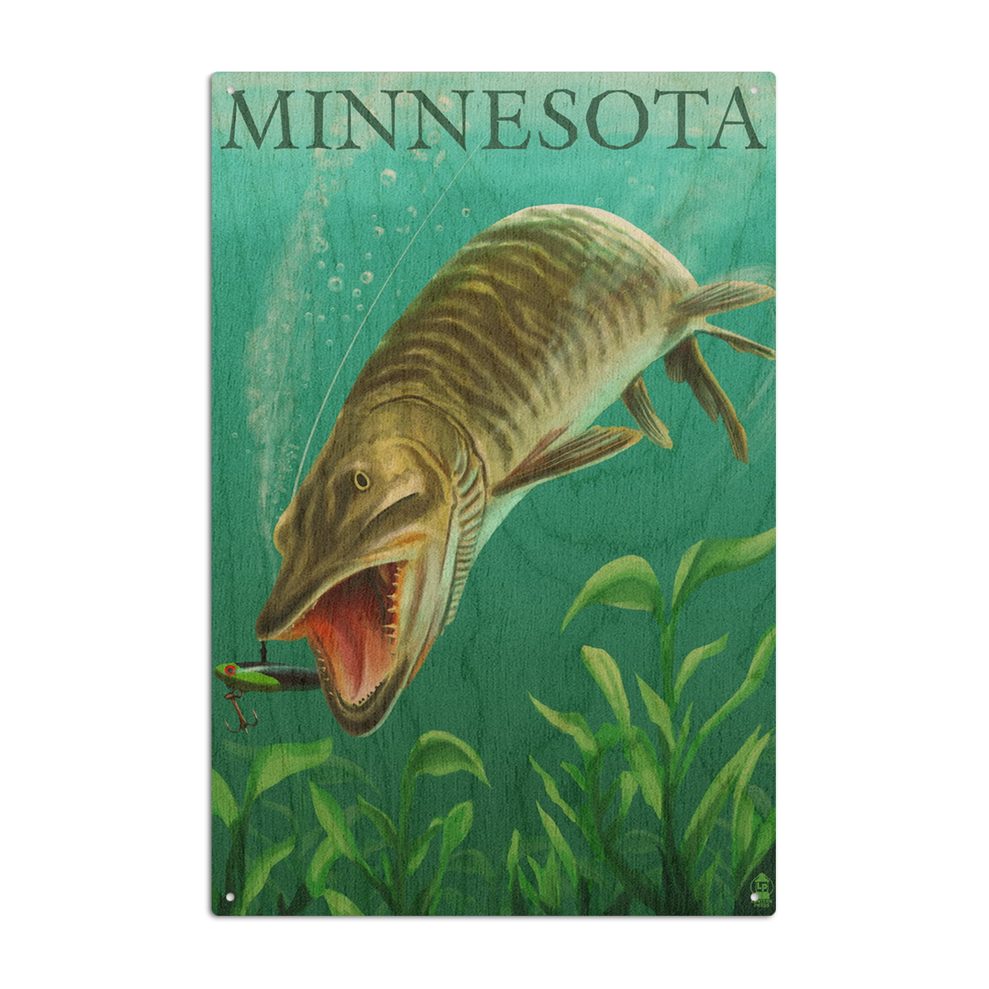 Minnesota, Muskie Scene Birch Wood Wall Sign (6x9 Rustic Home Decor ...