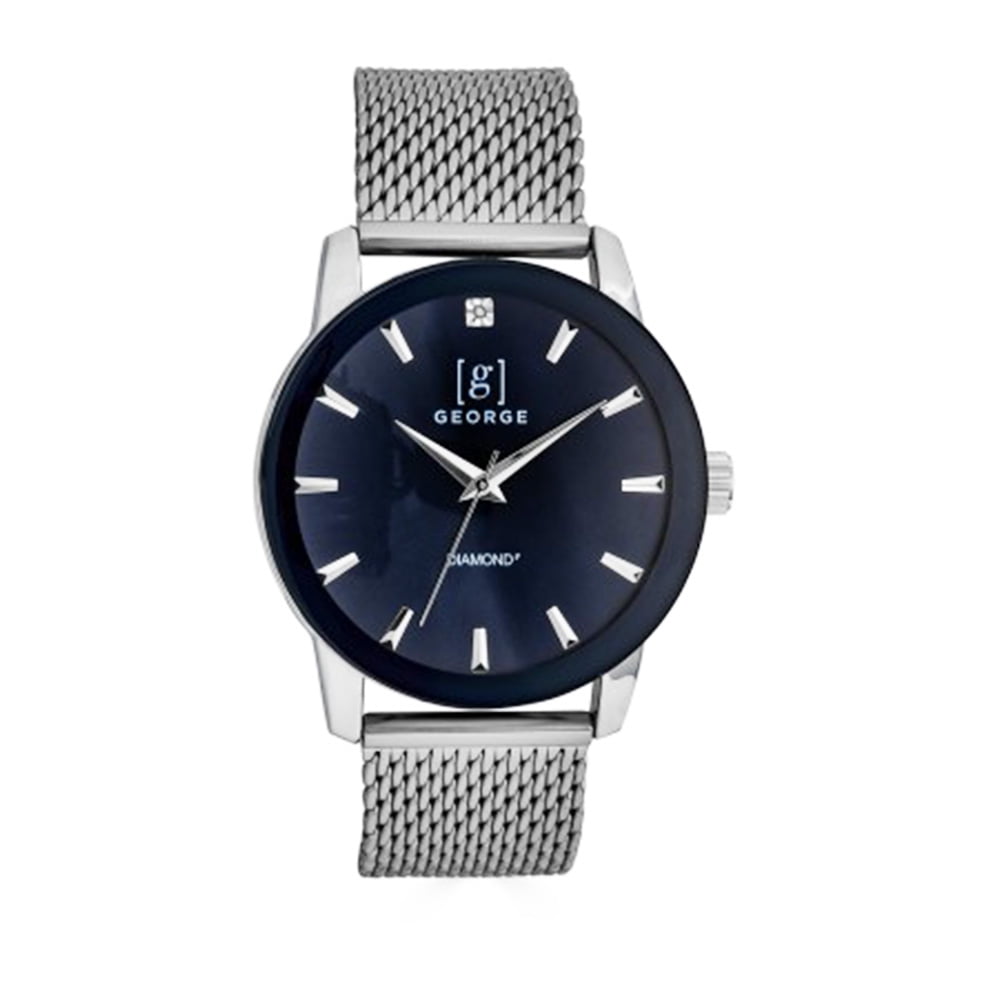 George 42mm Men's Silver Tone Genuine Diamond Blue Dial Mesh Band Watch ...