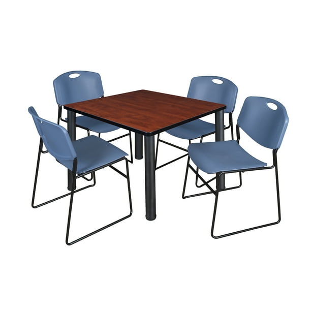 Kee 36" Square Breakroom Table- Cherry/ Black & 4 Zeng Stack Chairs ...