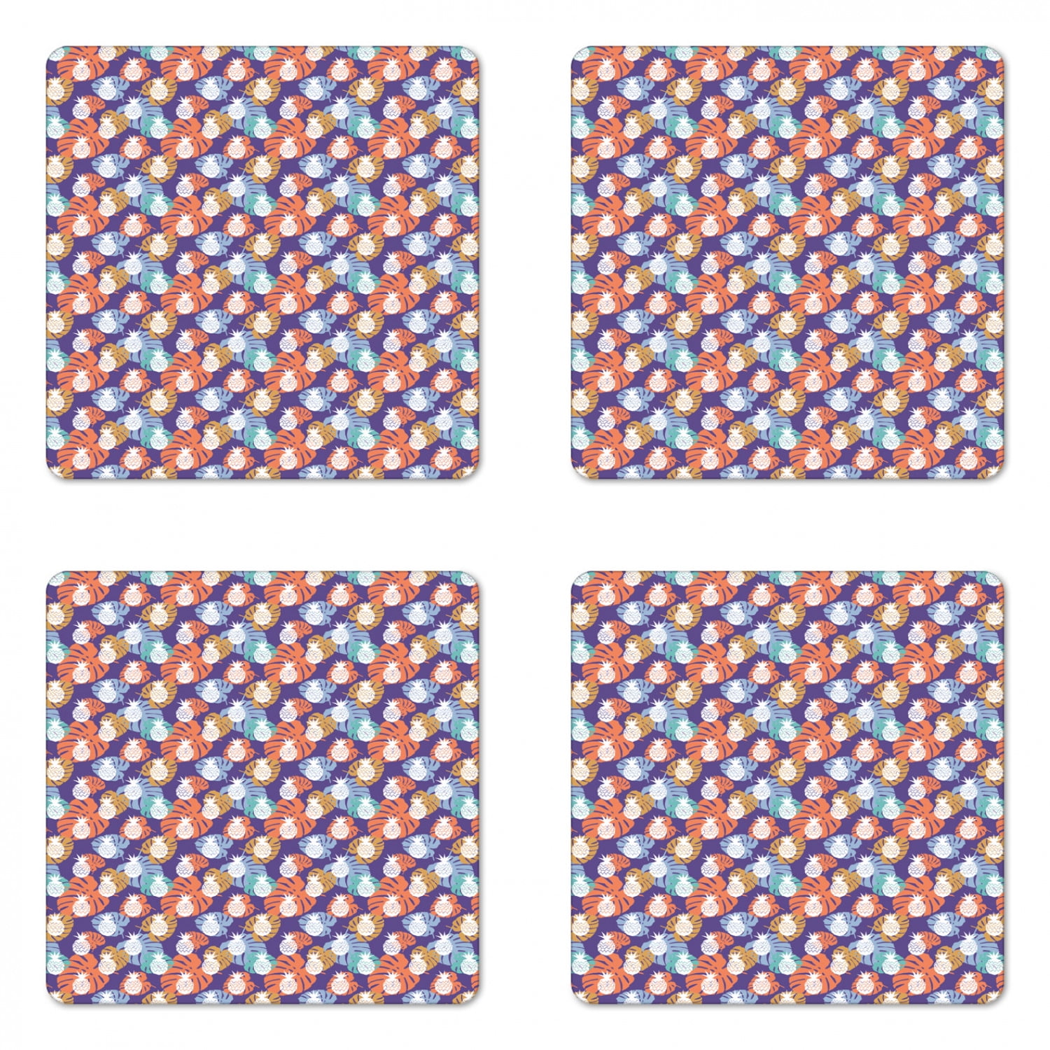 Tropical Coaster Set of 4, Pineapples with Big Colorful Leafy Hawaii ...