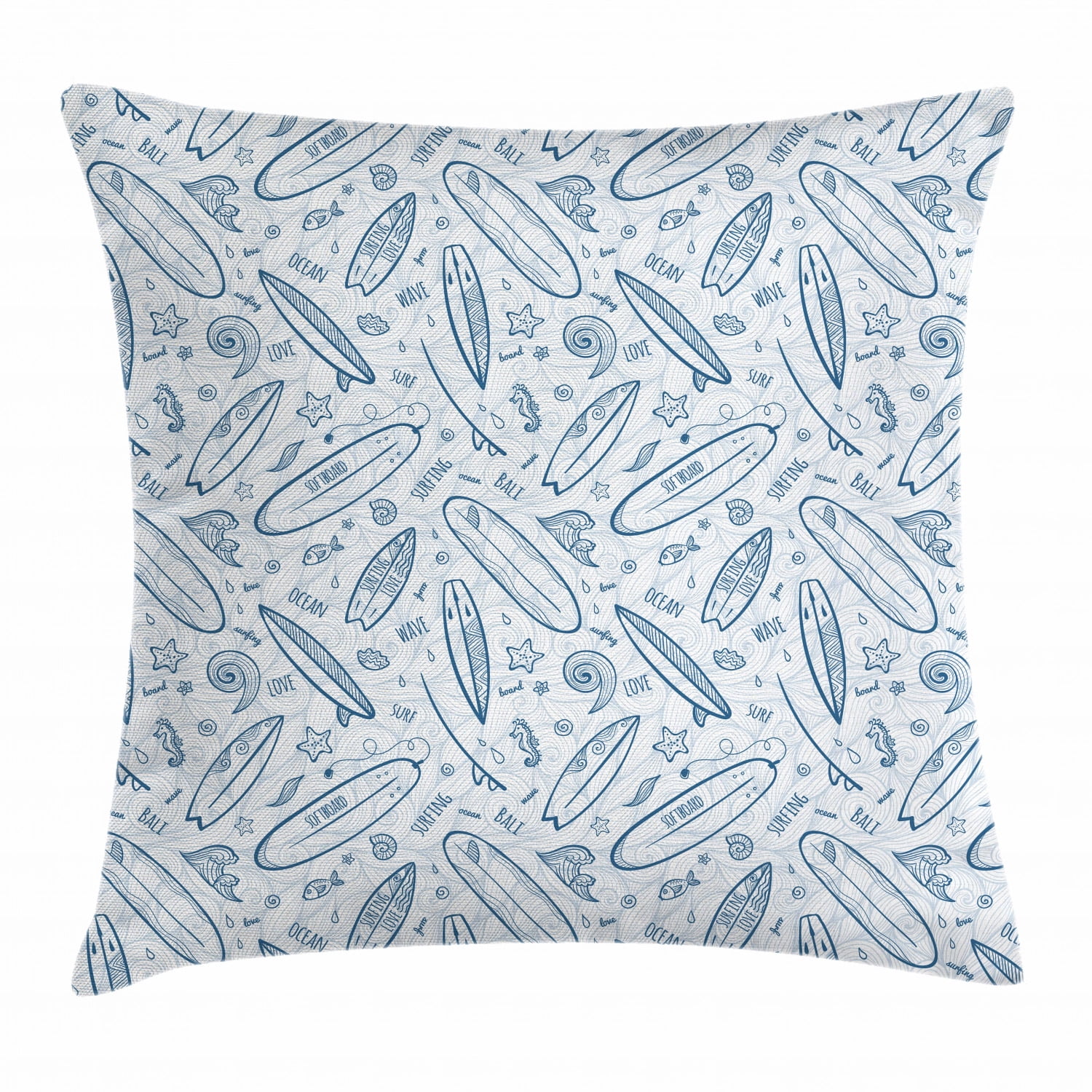 Surfboard Throw Pillow Cushion Cover, Doodle Surfing Boards Ocean Waves ...