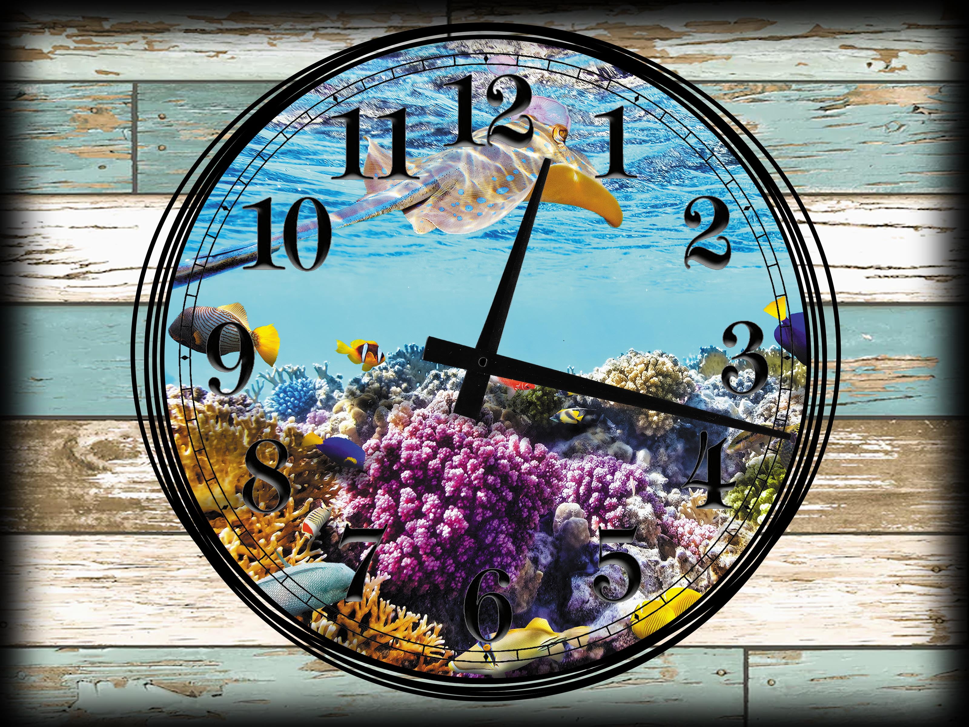 Large Teal White Wood Grain Wall Clock on Canvas Art Great Barrier Reef ...