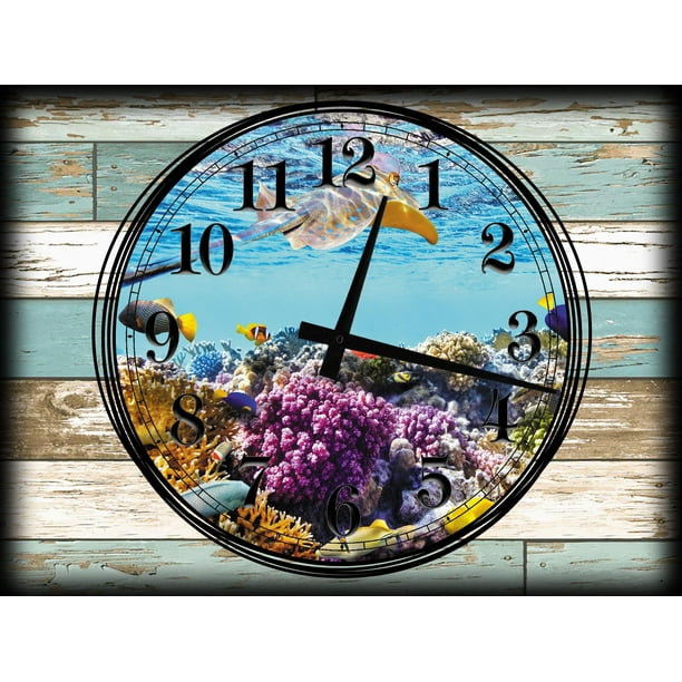Large Teal White Wood Grain Wall Clock on Canvas Art Great Barrier Reef ...