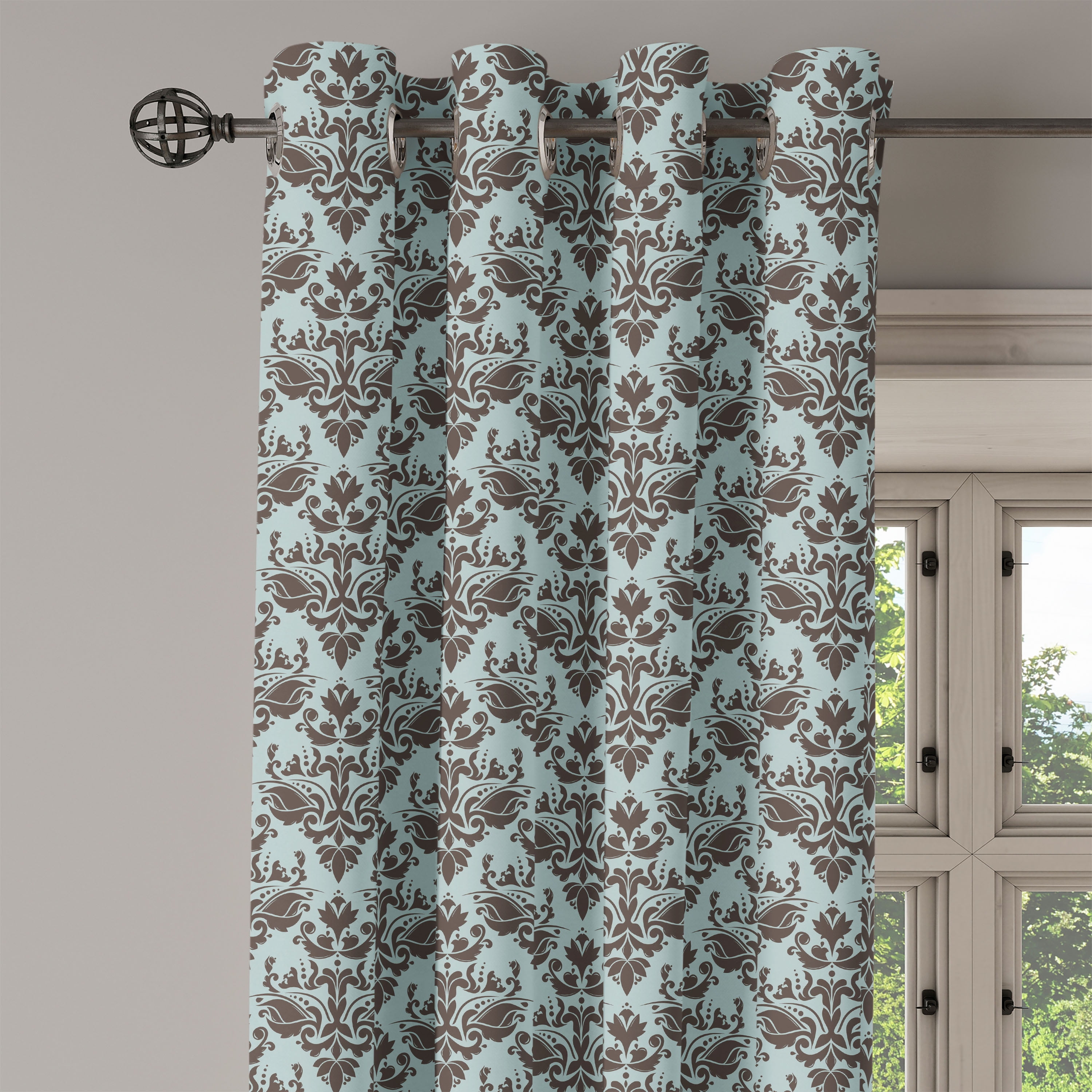Damask Grommet Curtain, Damask Shapes Motif Western Modular Leaves and ...