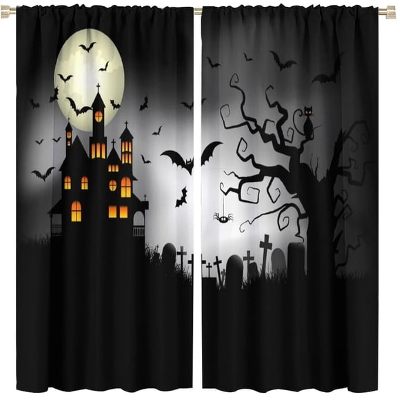 Halloween Curtains for Living Room Castle Moon Bat Cat Tree Printed ...