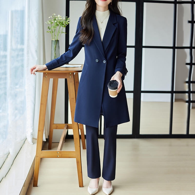 Navy Blue High quality formal 2 Piece Long Coat Pant Suit Blazer Office ...