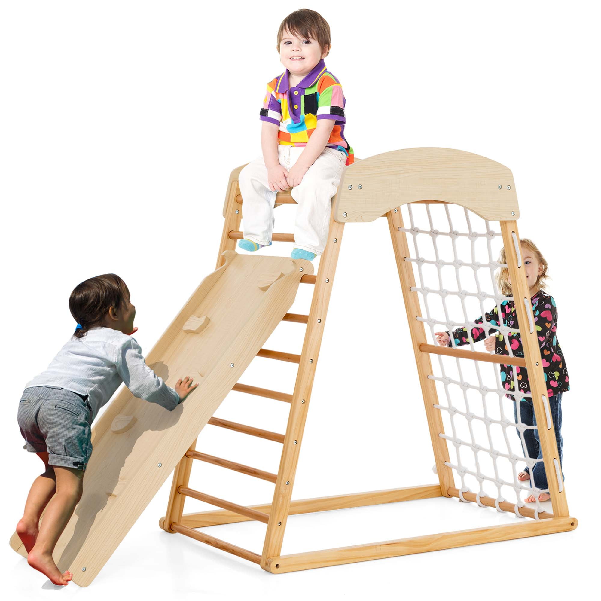 Costway 6-in-1 Wood Jungle Gym Montessori Climbing Play Set with Double ...