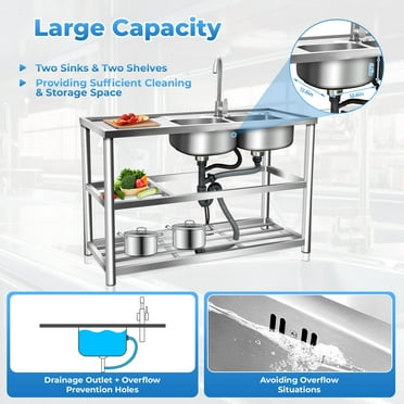 2 Compartment Commercial Kitchen Sink Prep Table with Faucet Set ...
