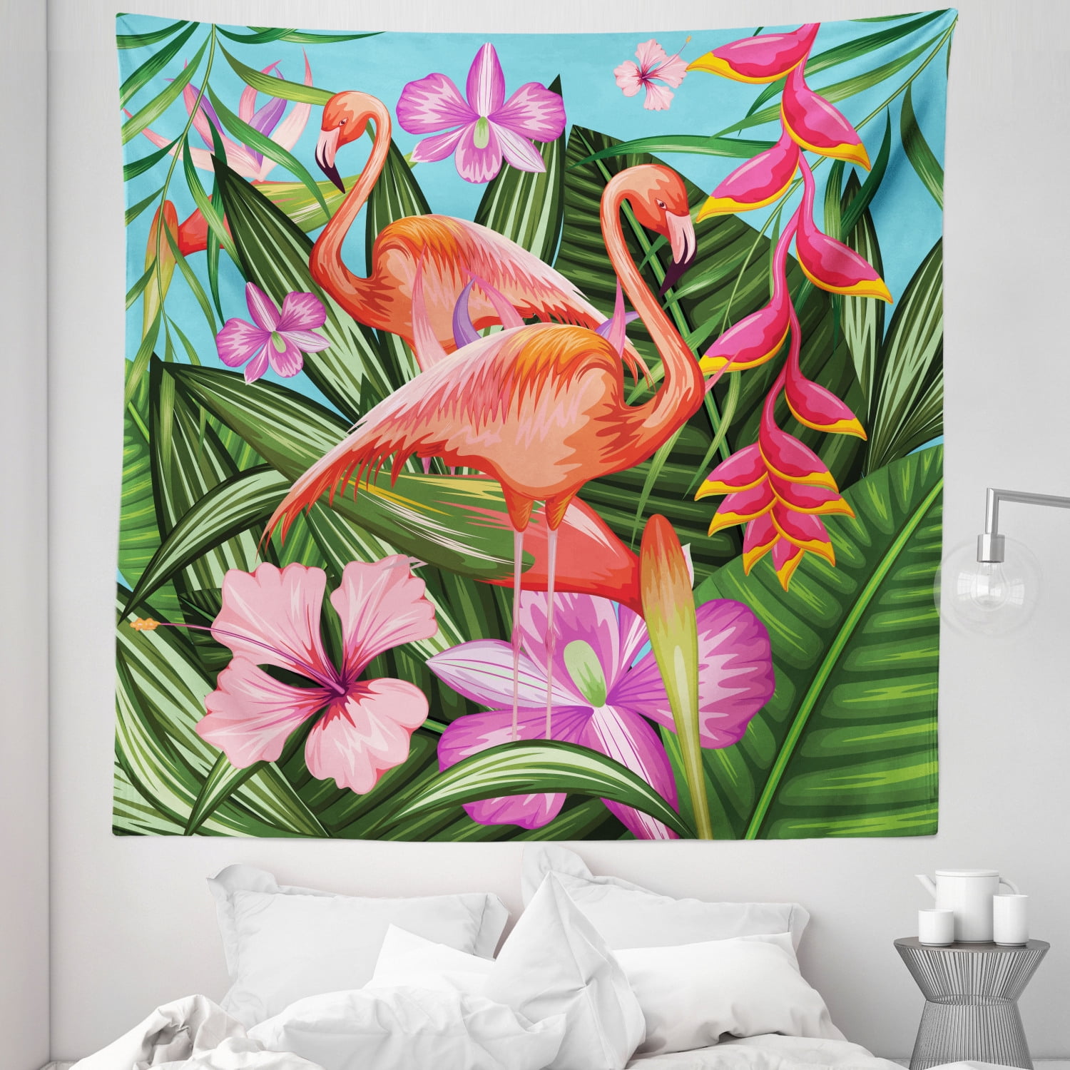 Flamingo Tapestry, Illustration of Animal Tropical Garden Hibiscus ...