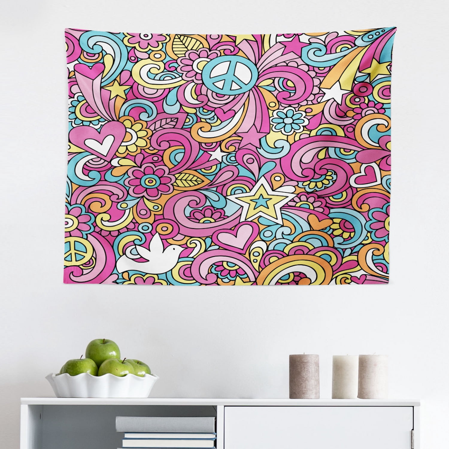 Groovy Tapestry, Floral Peace Sign Summer Spring Blooms Love Happiness ...